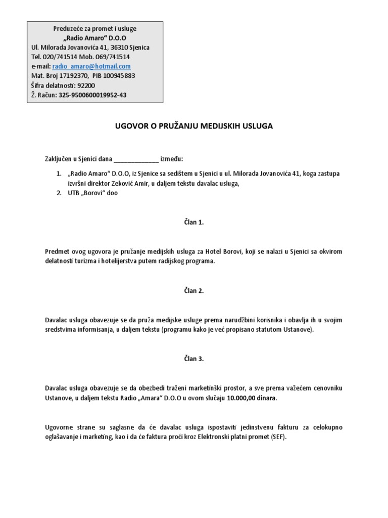 Ugovor o Pružanju Medijskih Usluga | PDF