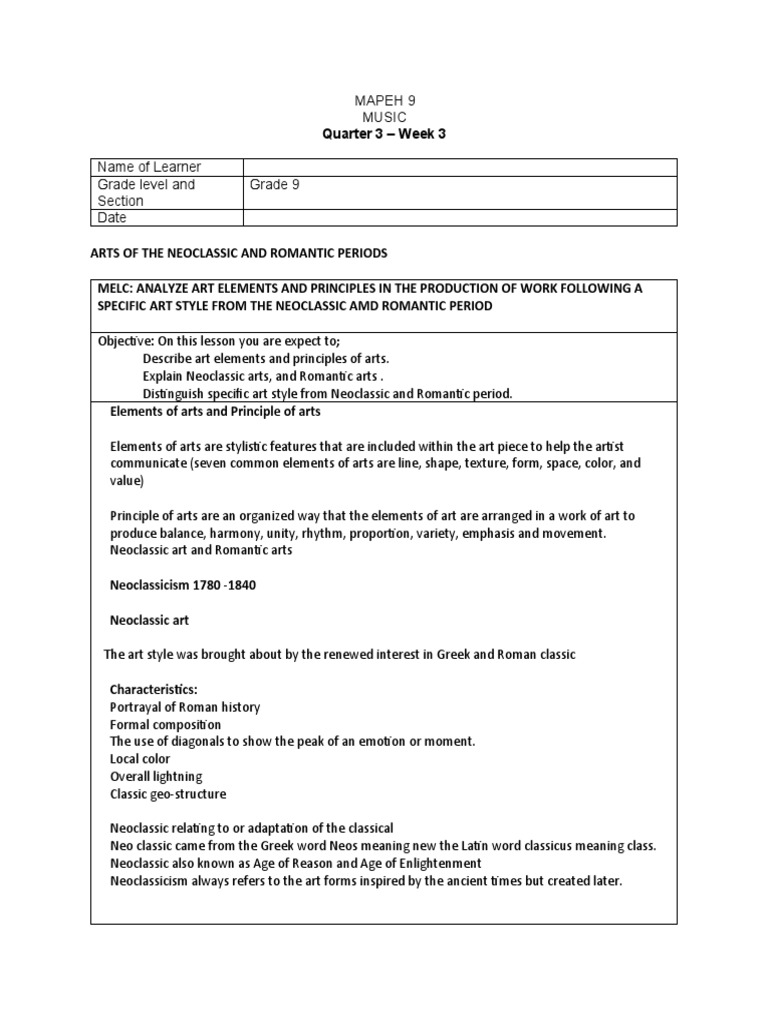MAPEH 9 Learning Activities Quarter 3 | PDF | Romanticism | Aesthetics
