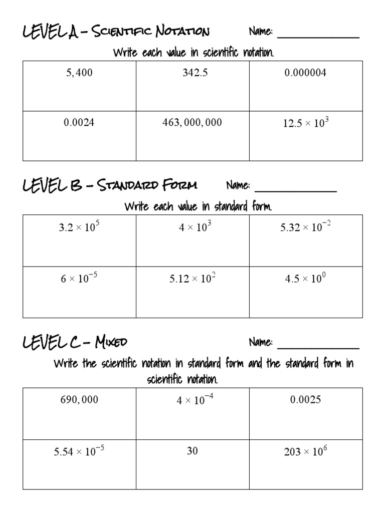 Level A Scientific Notation Pdf Mathematics Mathematical Objects