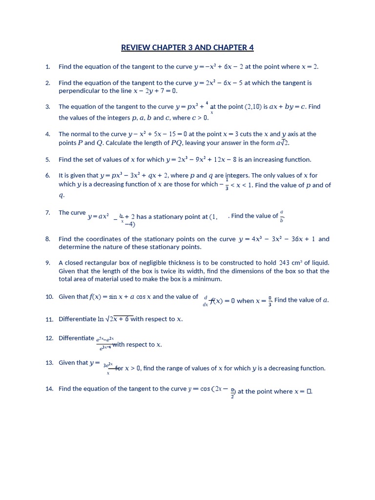 Solving Problems Involving Tangents, Stationary Points, Maxima and ...
