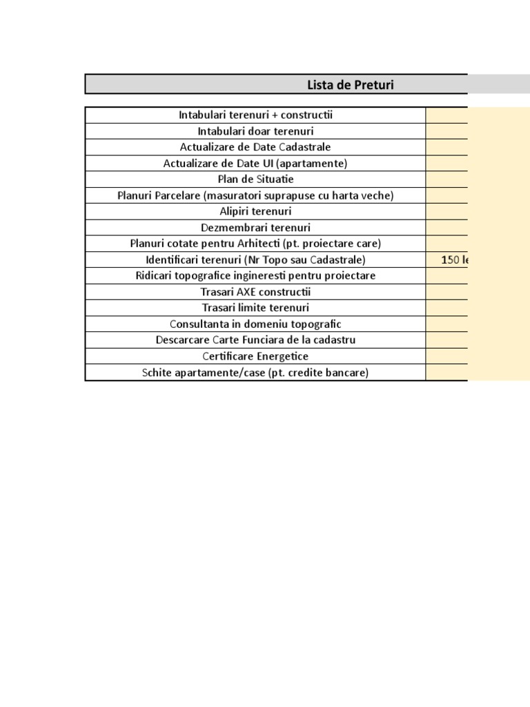 Lista de Preturi CADASTRU | PDF