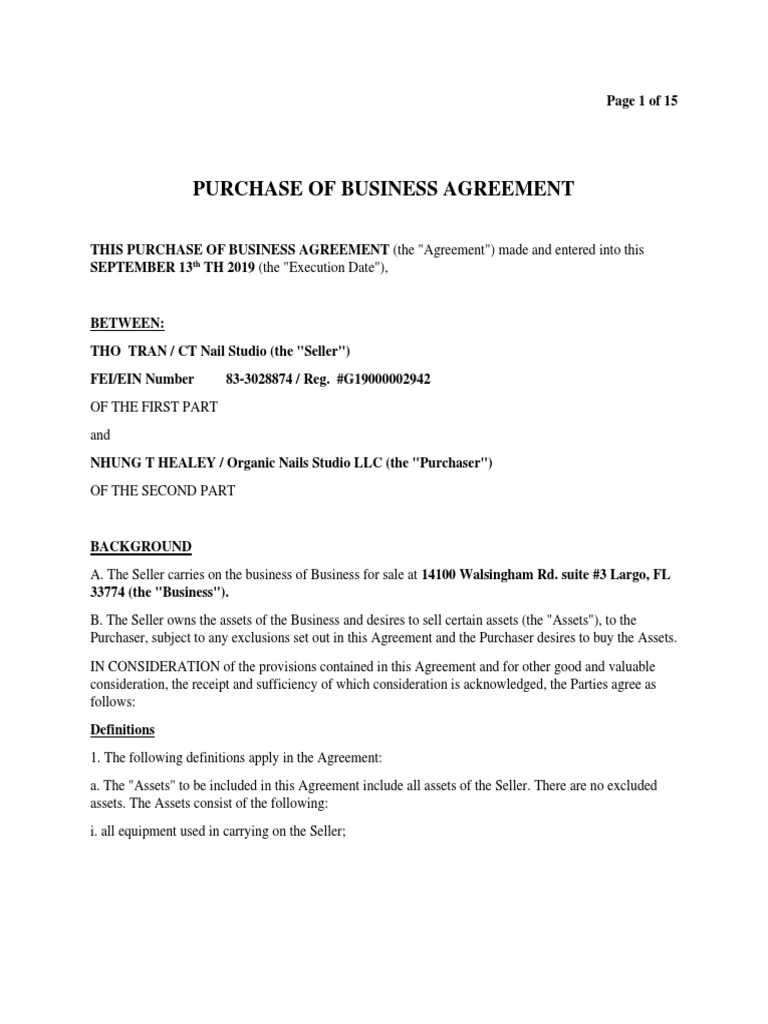 Purchase of Business Agreement | PDF | Employment | Legal Liability