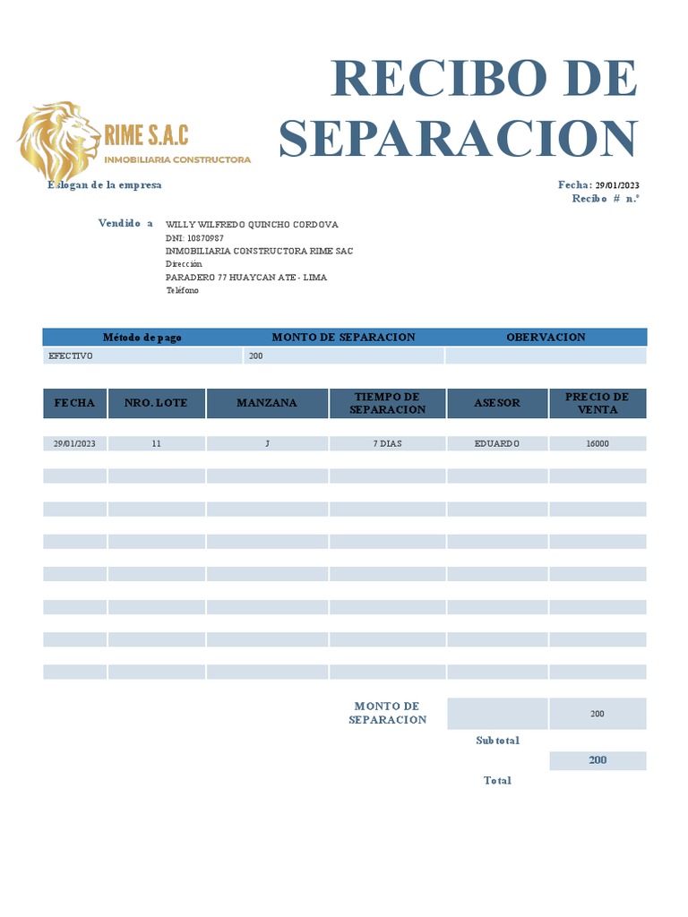 Recibo de Separacion | PDF