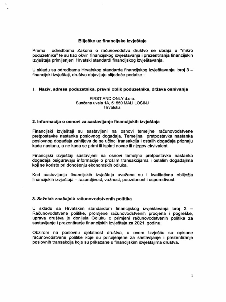 Biljeske Uz Financijske Izvjestaje 2021 MB01148575 | PDF