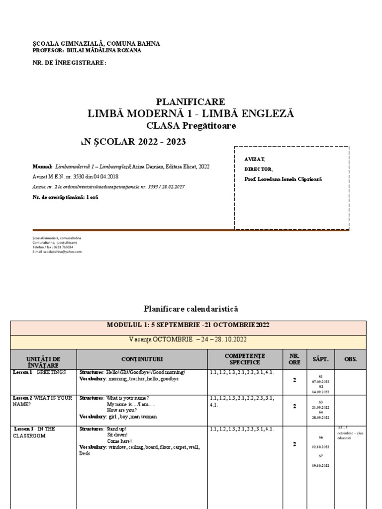 2 Planificare Engleza Pregatitoare | PDF