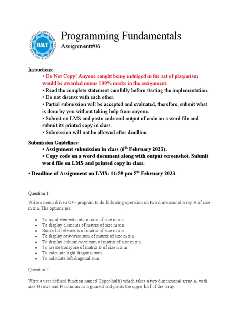 Programming Fundamentals Assignment#06: A Menu Driven C++ Program for ... Programming Fundamentals Assignment#06: A Menu Driven C++ Program for ...