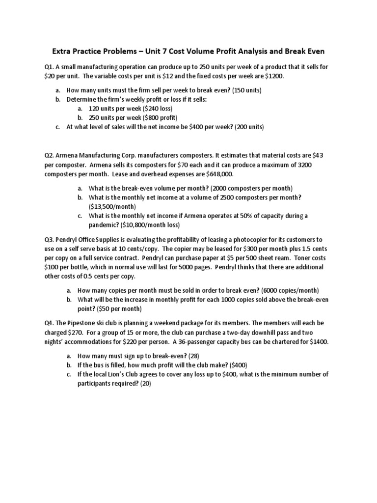 Unit 7 CVP Analysis & Break Even Practice Problems | PDF | Financial Markets | Business Economics