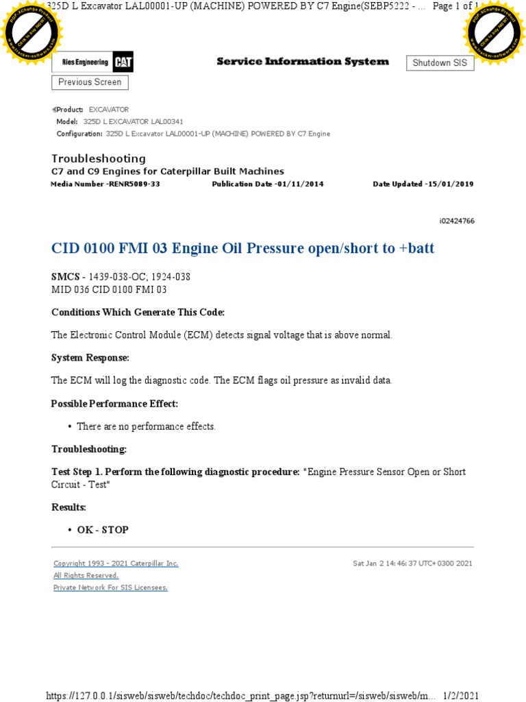 CID 0100 FMI 03 Engine Oil Pressure Open/short To +batt: Troubleshooting | PDF | Electronics ...