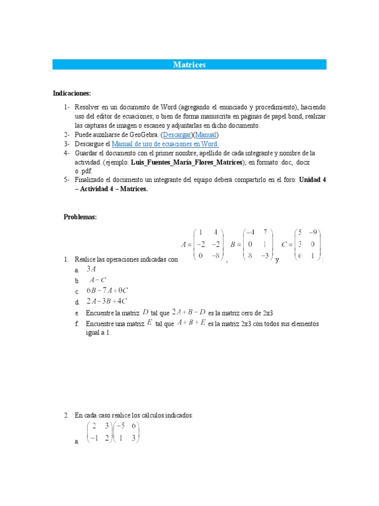 Matrices EJERCICIOS 2, 3 Y 4 | PDF