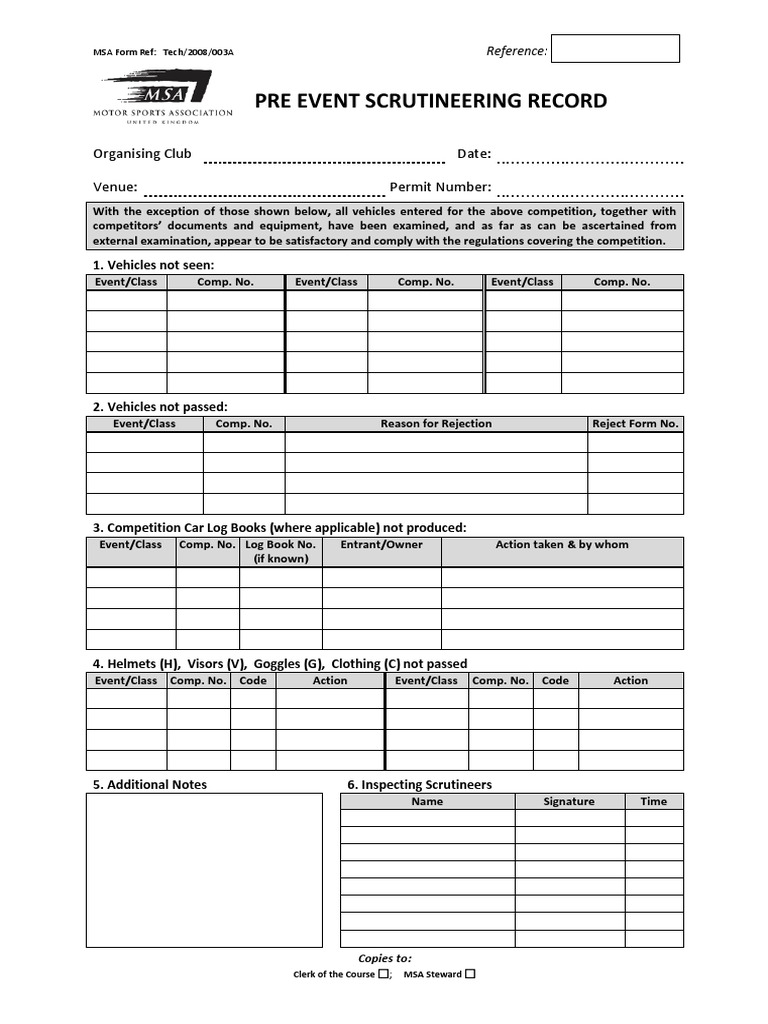 Pre Event Scrutineering Record: Organising Club Date: Venue: Permit ...