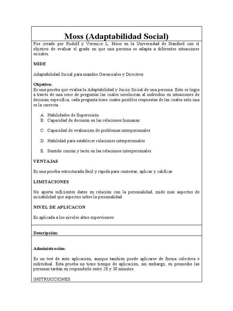 Test de Moss: Evaluación de Adaptabilidad | PDF | Evaluación ...