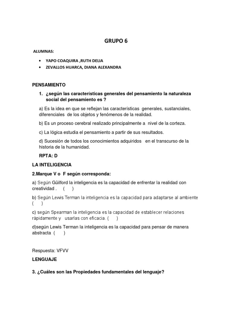 Grupo 6 (Cuestionario) | PDF | Inteligencia | Pensamiento