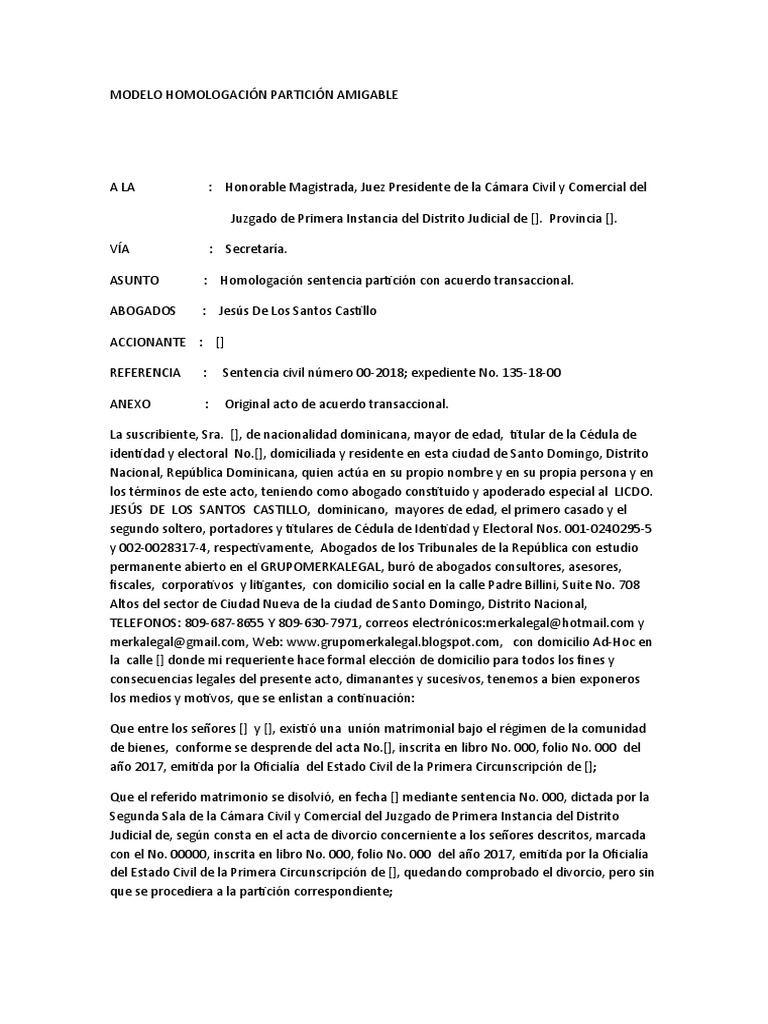 Modelo Homologación Partición Amigable | PDF | Sentencia (ley) | Divorcio