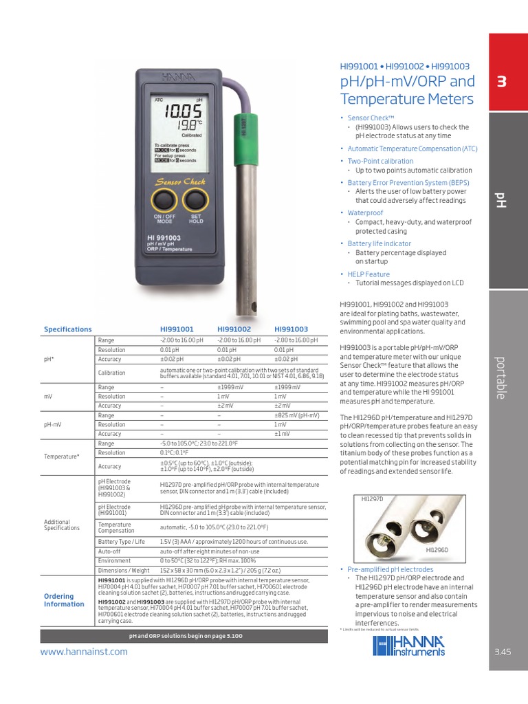 PH Meter HI991001 Hanna | PDF | Ph | Equipment