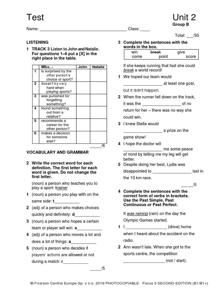 Focus3 2E Test Unit2 GroupB 2kol | PDF