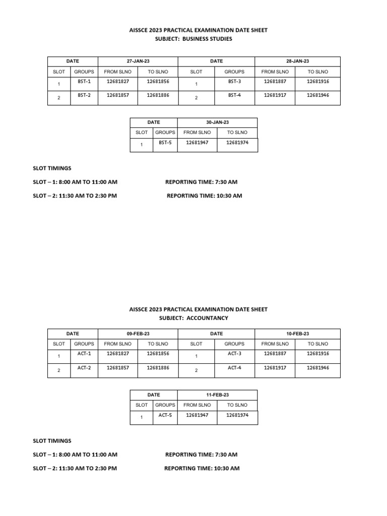 AISSCE 2023 Accountancy and Business Studies Practical Examination Date Sheet | PDF