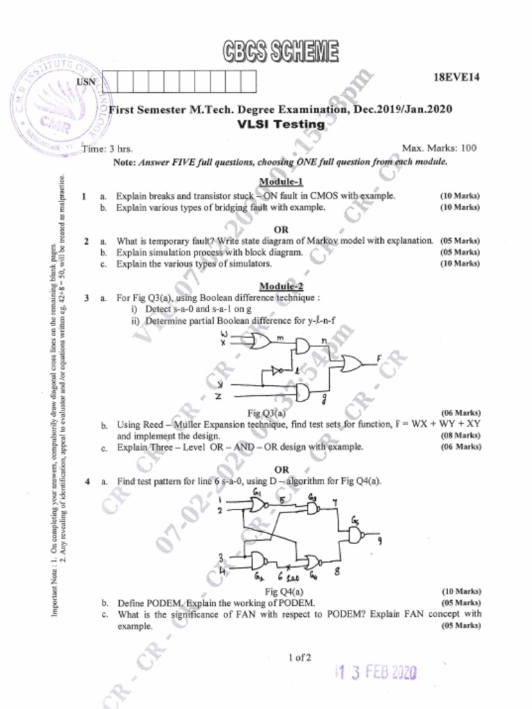 VTU Question Paper of 18EVE14 VLSI Testing Dec - 2019 | PDF