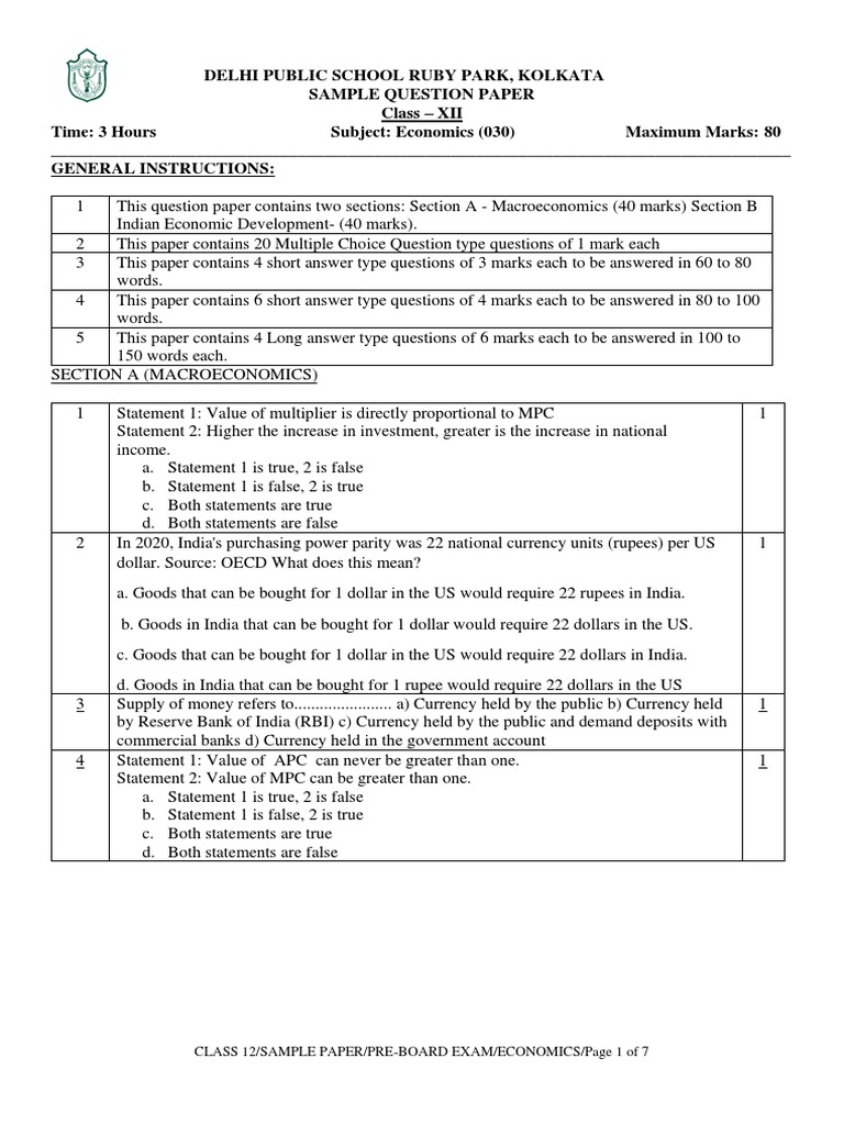 Sample Question Paper, 12 Economics | PDF | Fiscal Policy | Deficit ...