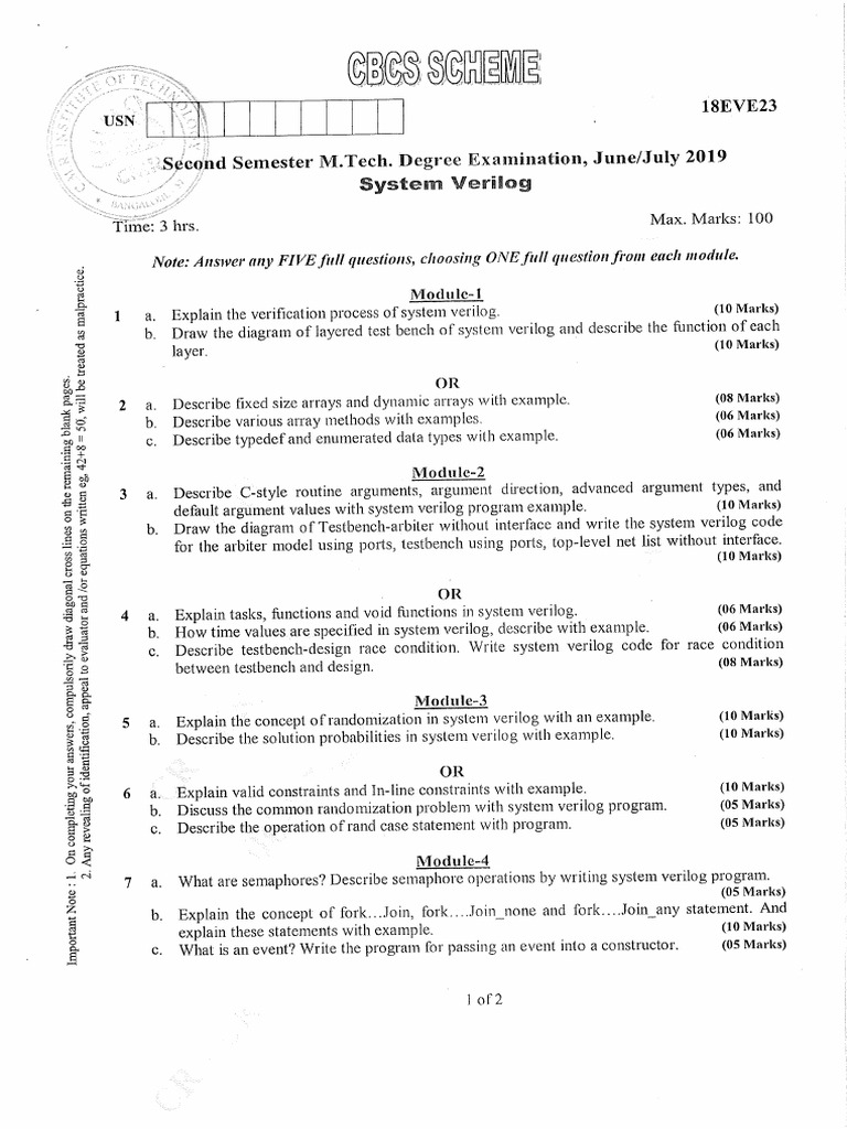 VTU Question Paper of 18EVE23 System Verilog Jun-2019 | PDF