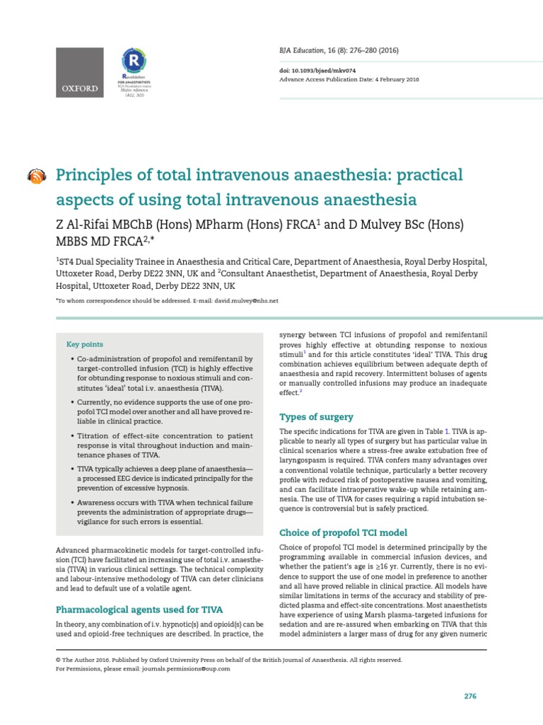 Principles of Total Intravenous Anaesthesia - Practical Aspects of Using Total Intravenous ...