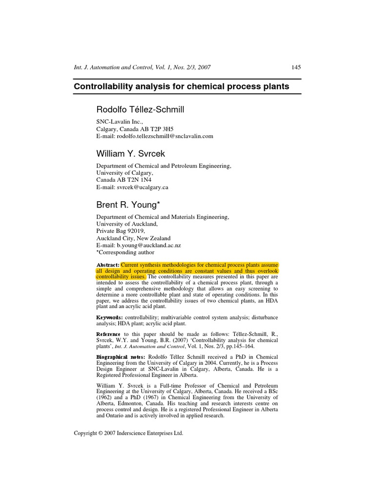 Controllability Analysis For Chemical Process Plants | PDF | Matrix ...