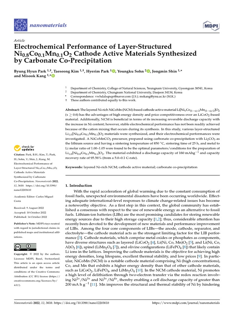Electrochemical Performance of Layer-Structured Ni0.8Co0.1Mn0.1O2 Cathode Active Materials ...