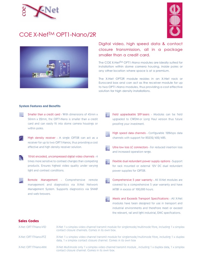 COE X-NetTM OPT1-Nano/2R Digital Video & Data Transmission Module | PDF | Video | Electronics