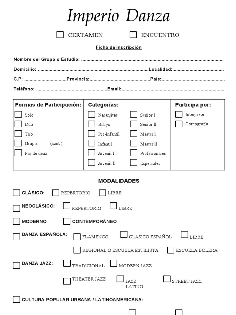 IMPERIO DANZA Ficha de Inscripción | PDF | Musica Popular | Entretenimiento