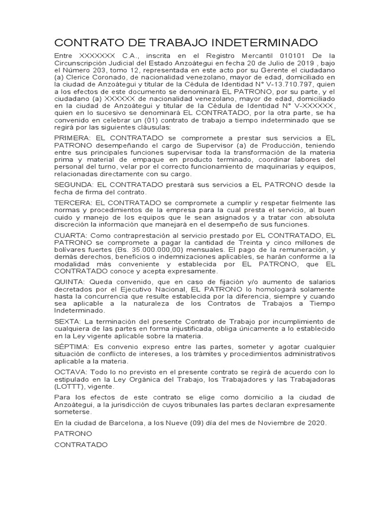 Modelo de Contrato de Trabajo Indeterminado para Trabajo | PDF ...