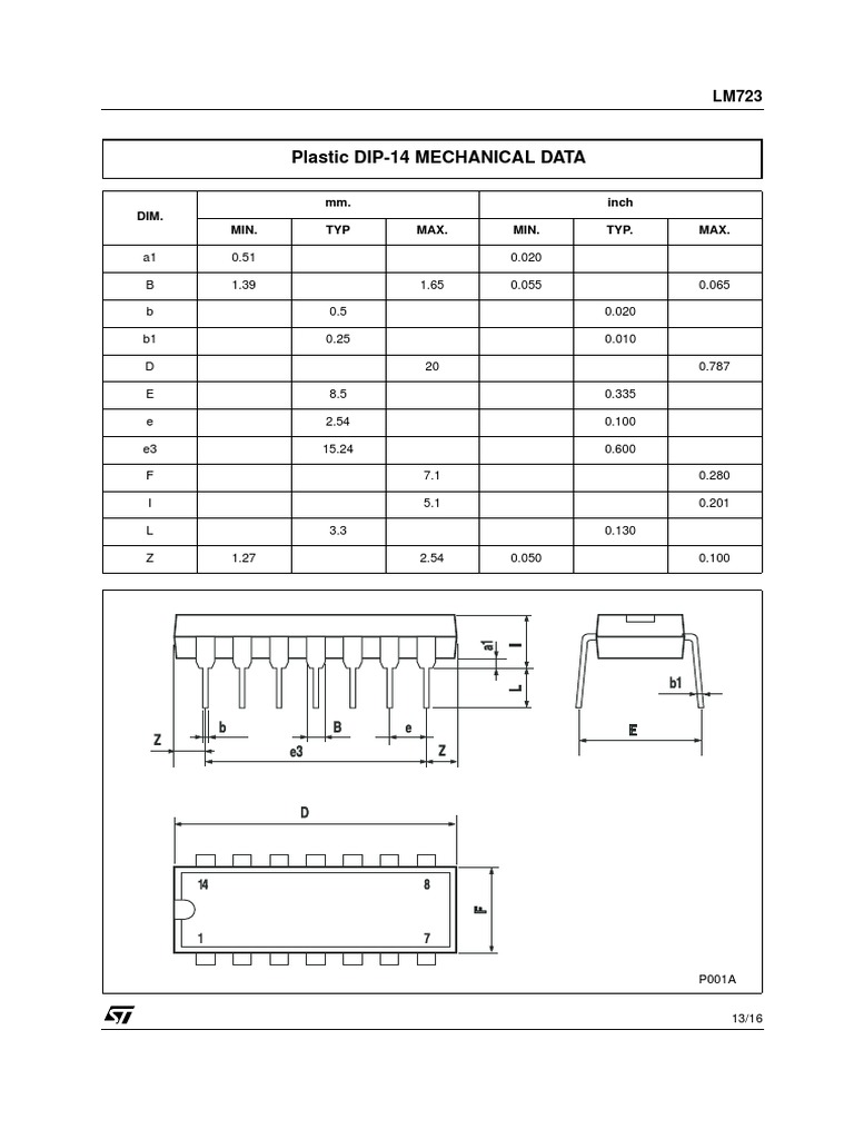 LM723 Plastic DIP-14 Mechanical Data Sheet | PDF