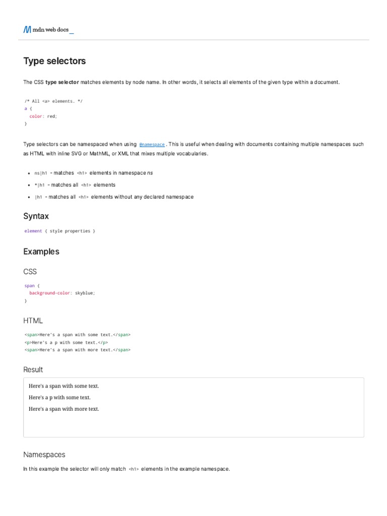 Type Selectors - CSS - Cascading Style Sheets - MDN | PDF | Web Development | World Wide Web ...