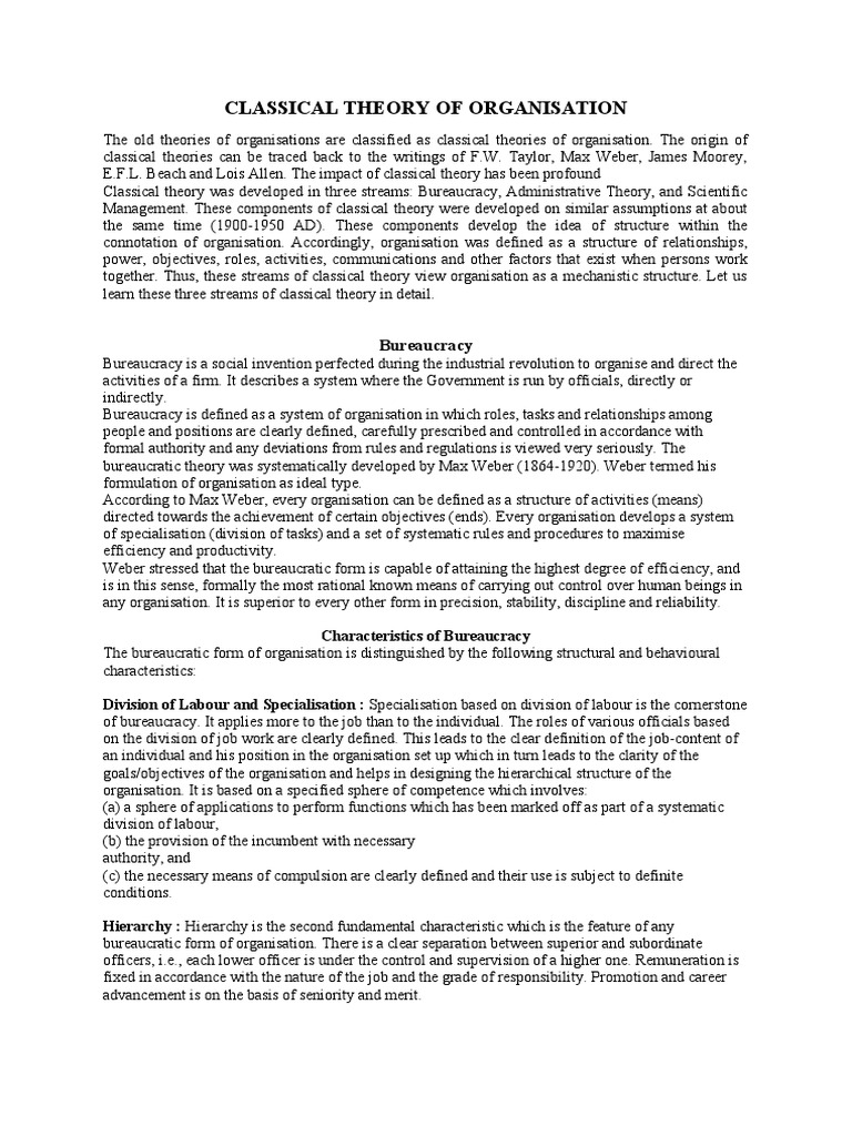 Classical Theory of Organisation | PDF | Bureaucracy | Rationality