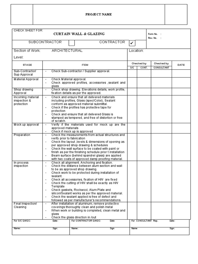 Curtain Wall & Glazing Inspection Checklist | PDF | Civil Engineering ...