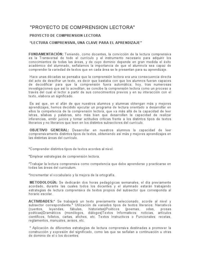 Proyecto de Comprension Lectora | PDF | Comprensión lectora | Plan de ...