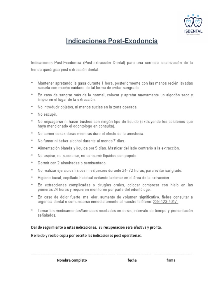 Indicaciones Post Extraccion | PDF | Higiene oral | Enfermedades y ...