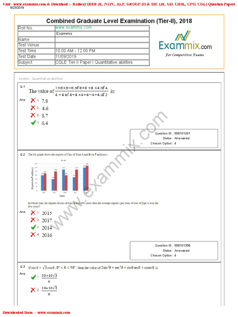 SSC CGL Tier 2 Maths Question Paper With Key 11,12 & 13 Sep 2019 ...