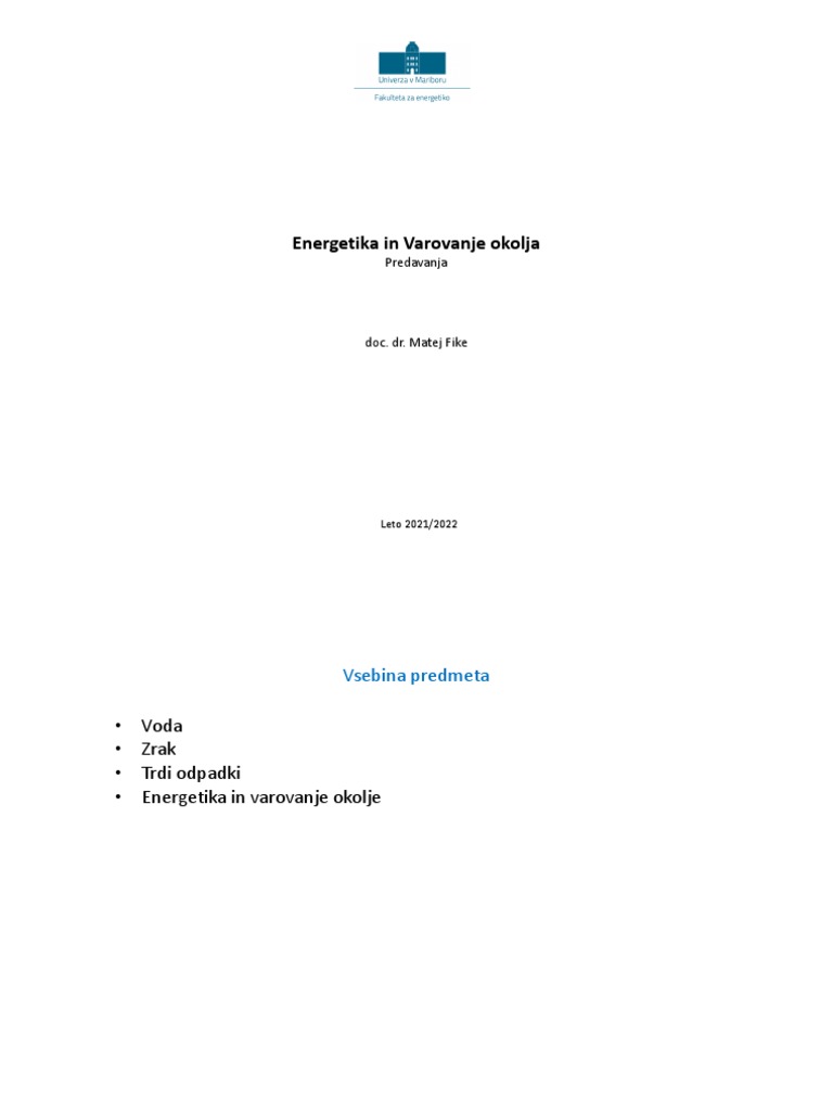 Energetika in Varovanje Okolja - Predavanja - 2021 - Del 1 | PDF