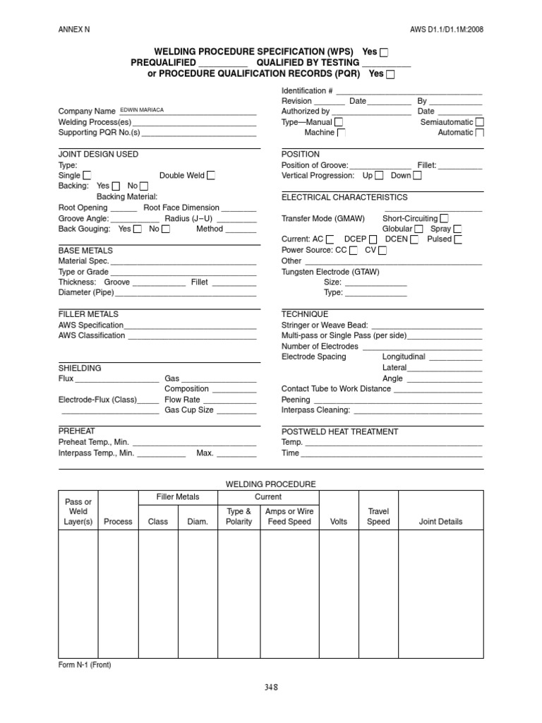 Aws N-1 WPS-PQR Form | PDF | Welding | Construction