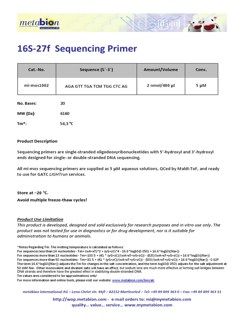 16S-27f Sequencing Primer Details | PDF | Technology & Engineering