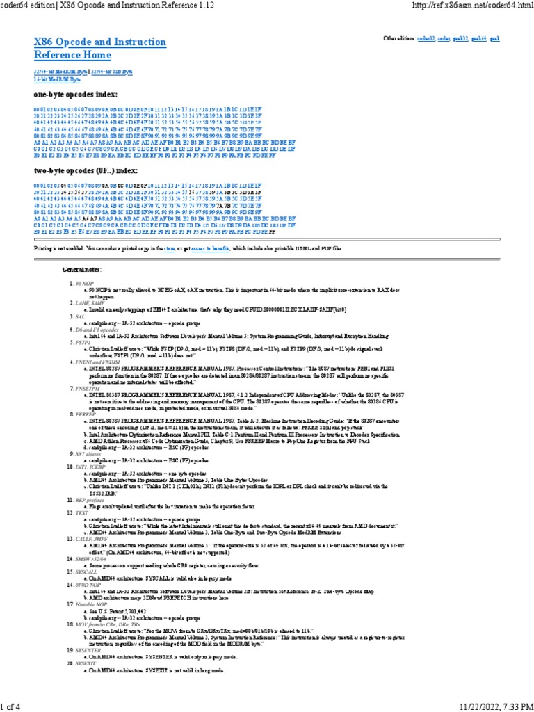 Coder64 Edition X86 Opcode And Instruction Reference 112 Pdf Computer Hardware Computer 