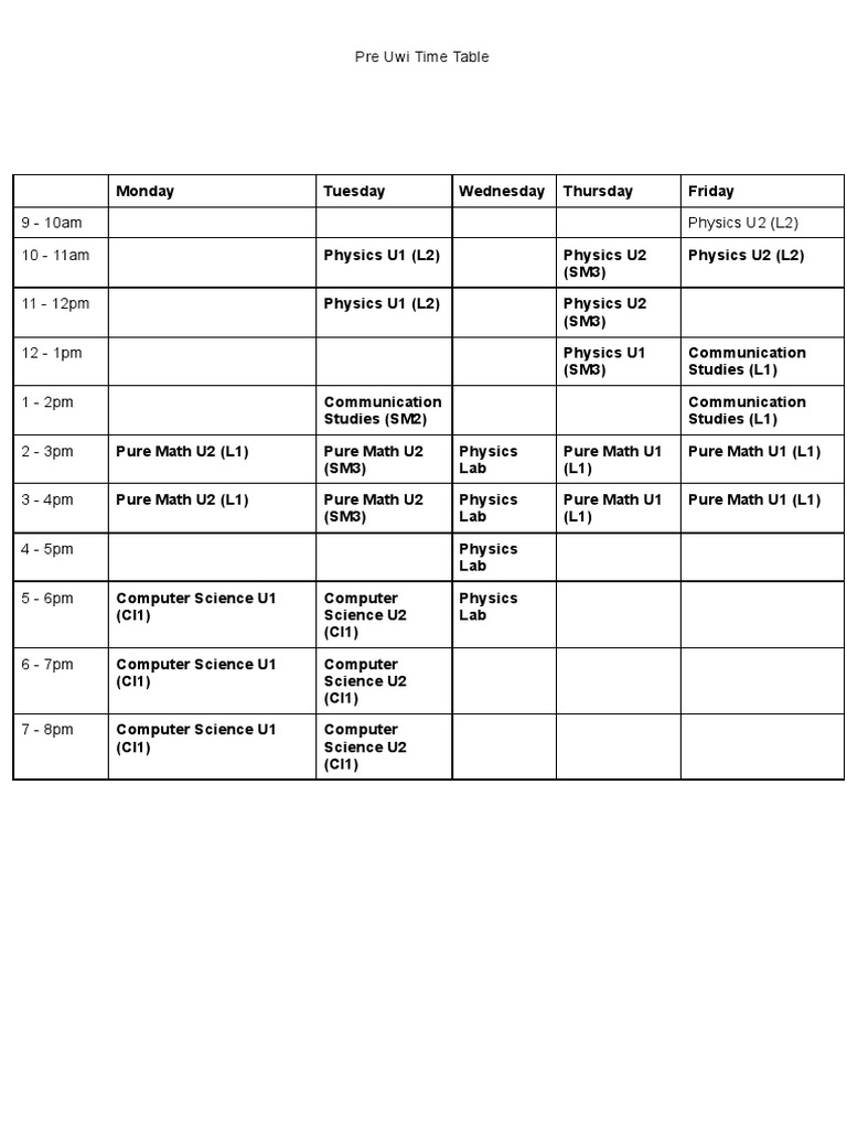Pre Uwi Timetable | PDF