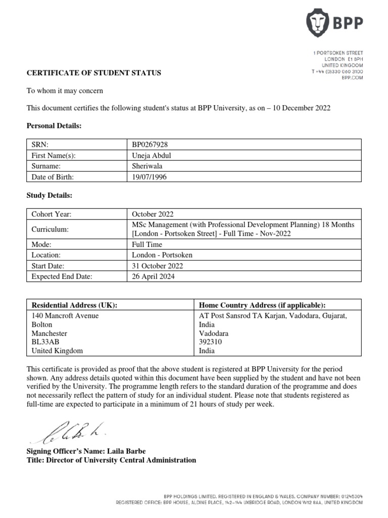 BPP University Student Status Certificate | PDF | Educational ...