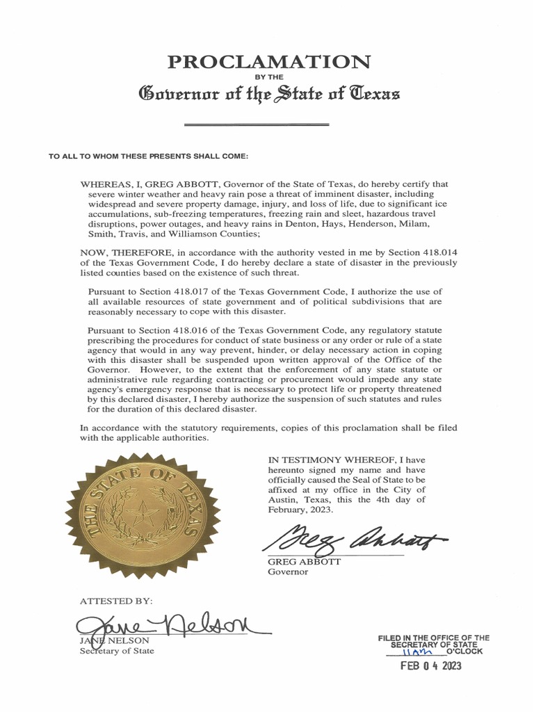 Winter Weather Disaster Proclamation 02-04-2023 | PDF | Justice | Crime ...