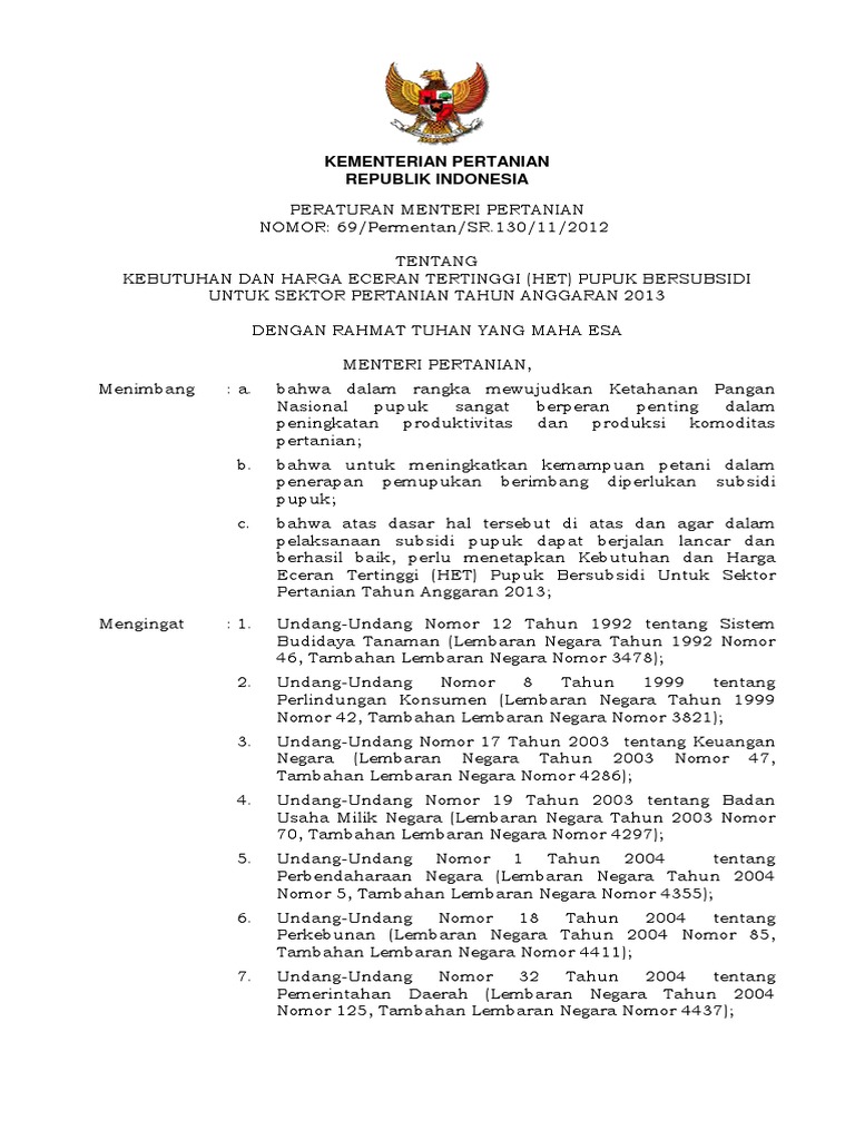Permentan No. 69 Th. 2012 TTG Kebutuhan Dan Harga Eceran Tertinggi HET ...