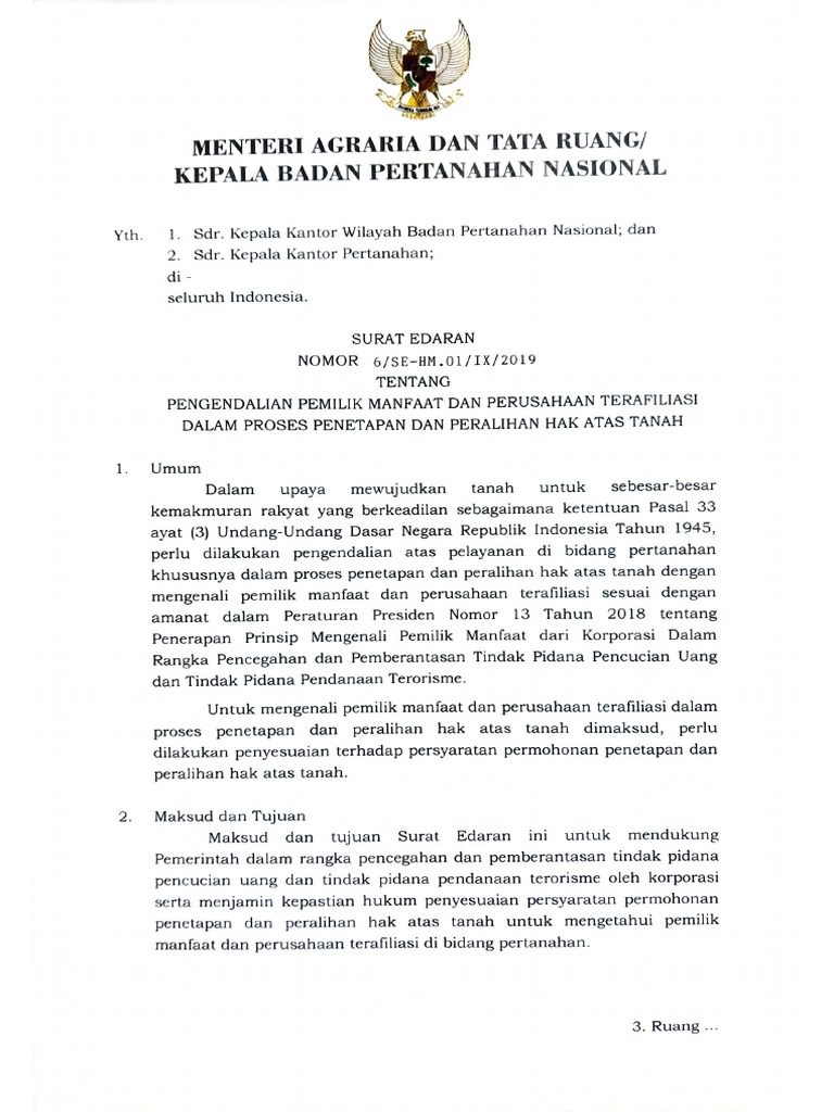 Surat Edaran Nomor 6 - SE-HM.01 - IX - 2019 Tentang Pengendalian Pemilik Manfaat Dan Perusahaan ...