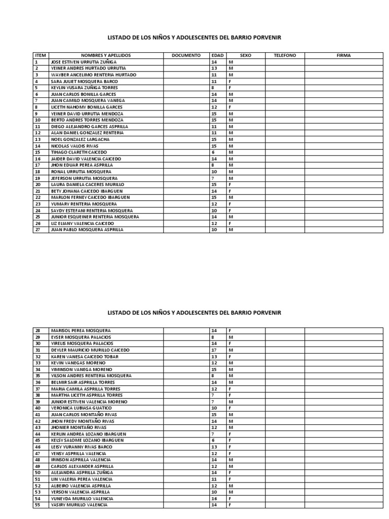 Listado de Niños | PDF