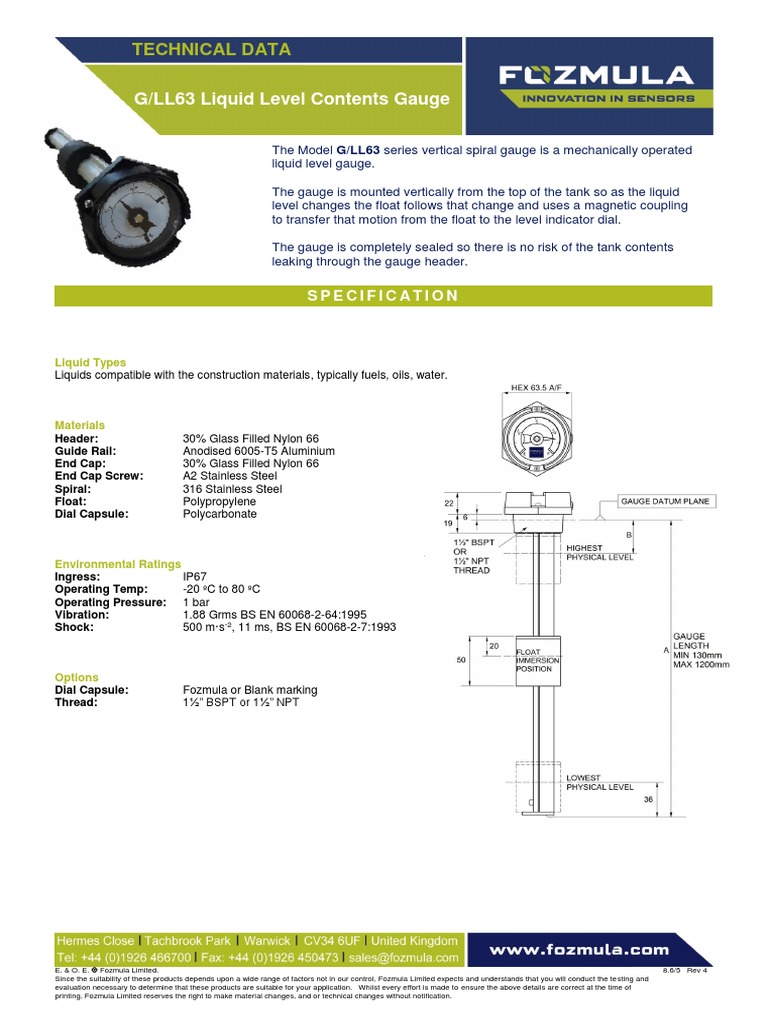 GLL63 Fozmula Liquid Level Contents Gauge Data 8 6 5R4 | PDF | Liquids ...