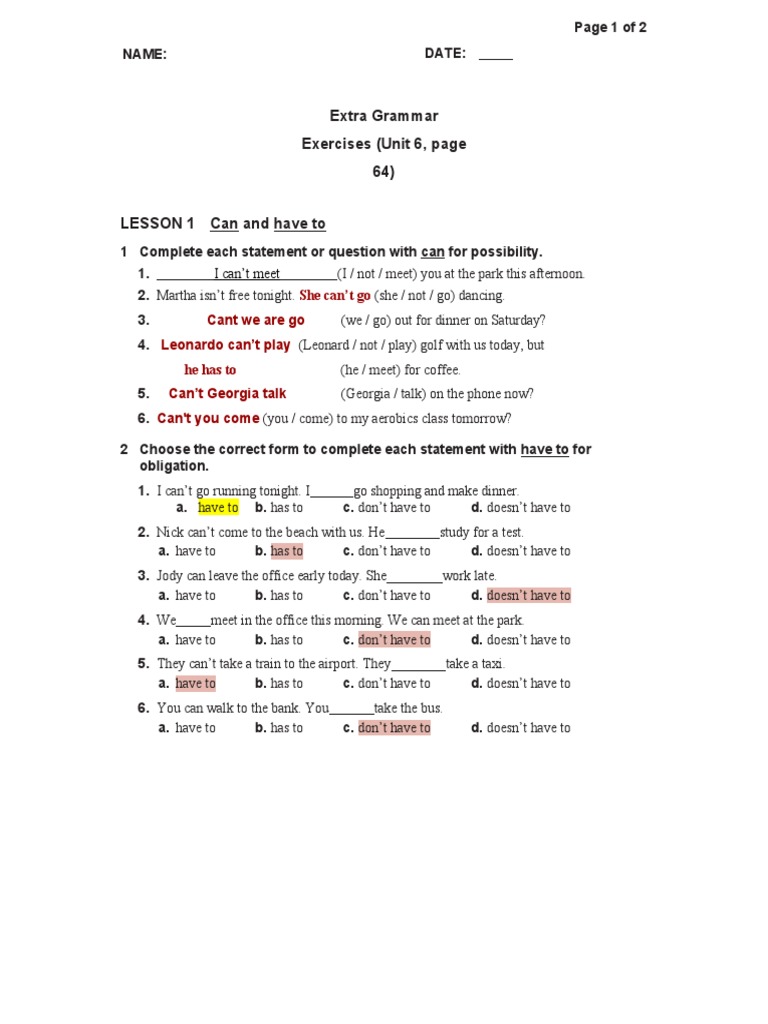 Extra Grammar Exercises (Unit 6, page 64) | PDF