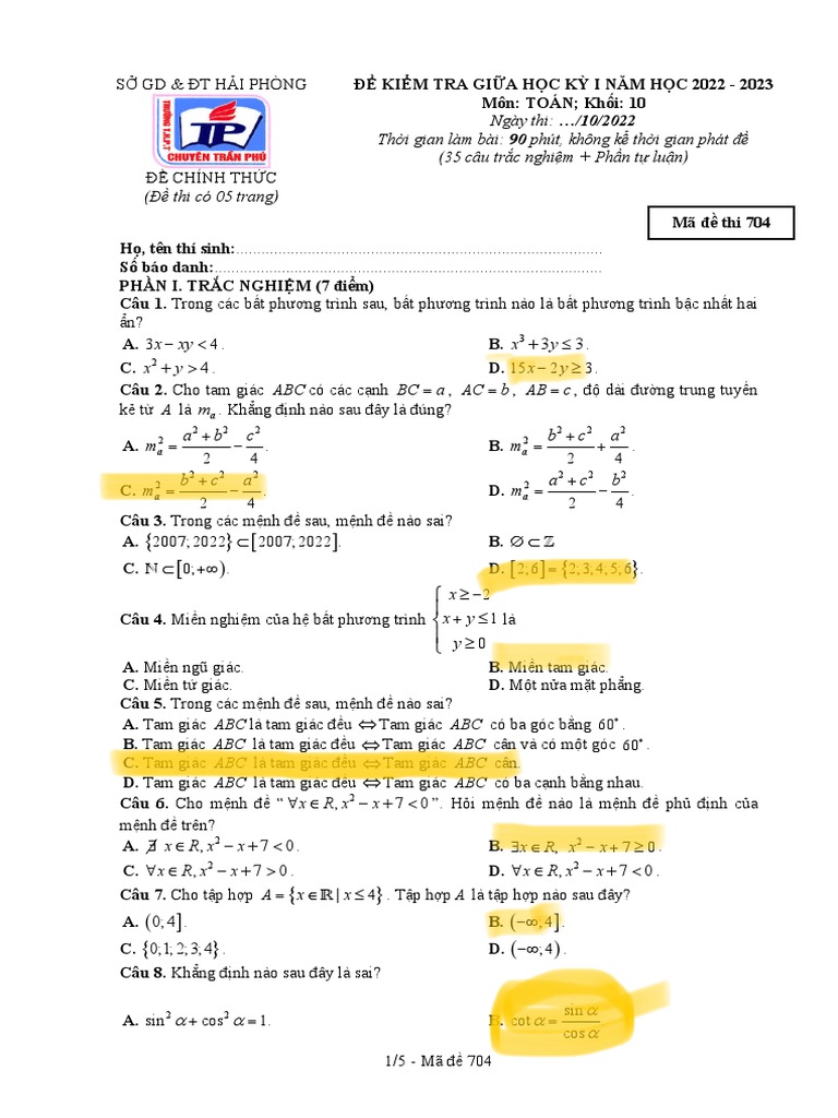 De Giua Ky 1 Toan 10 Nam 2022 2023 Truong THPT Chuyen Tran Phu Hai Phong | PDF