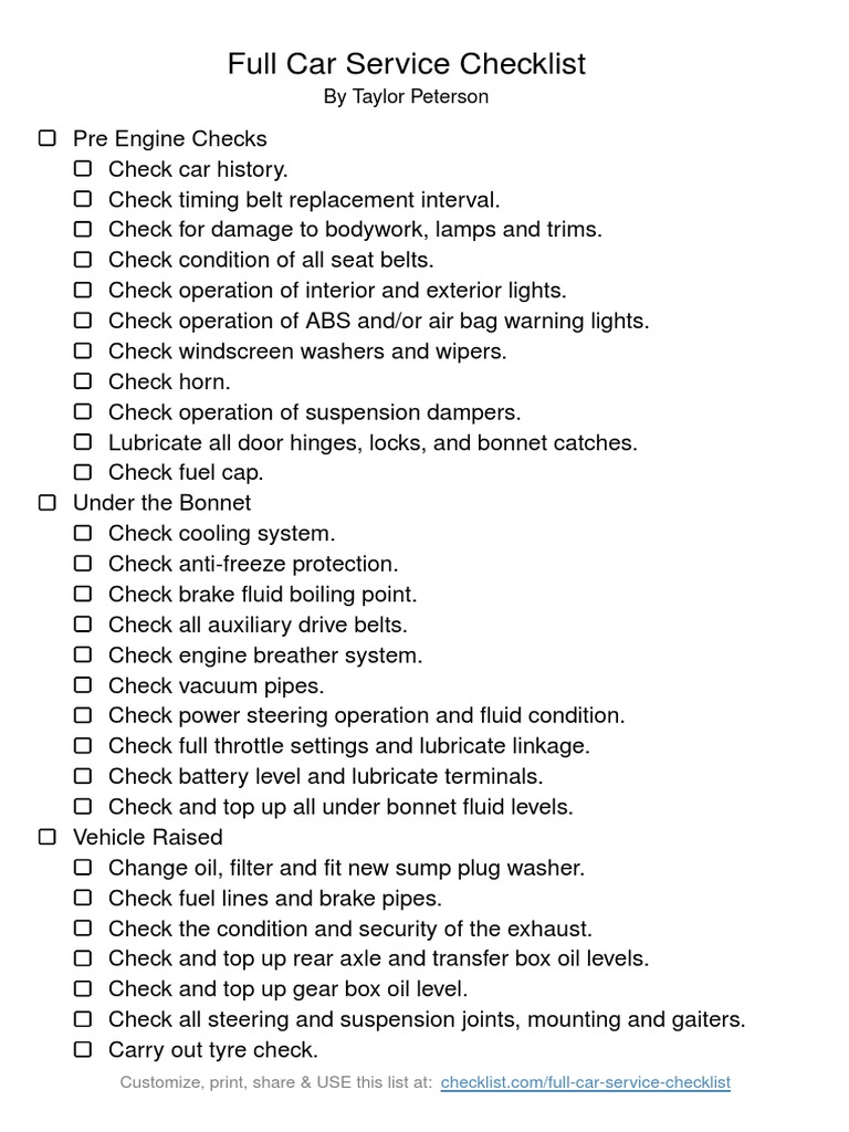 Full Car Service Checklist | PDF